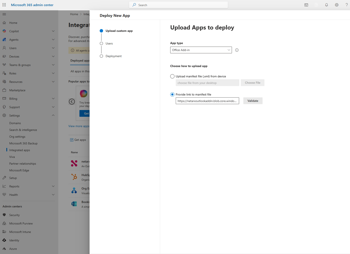 Adding an Integrated App for Outlook in Microsoft 365 Admin